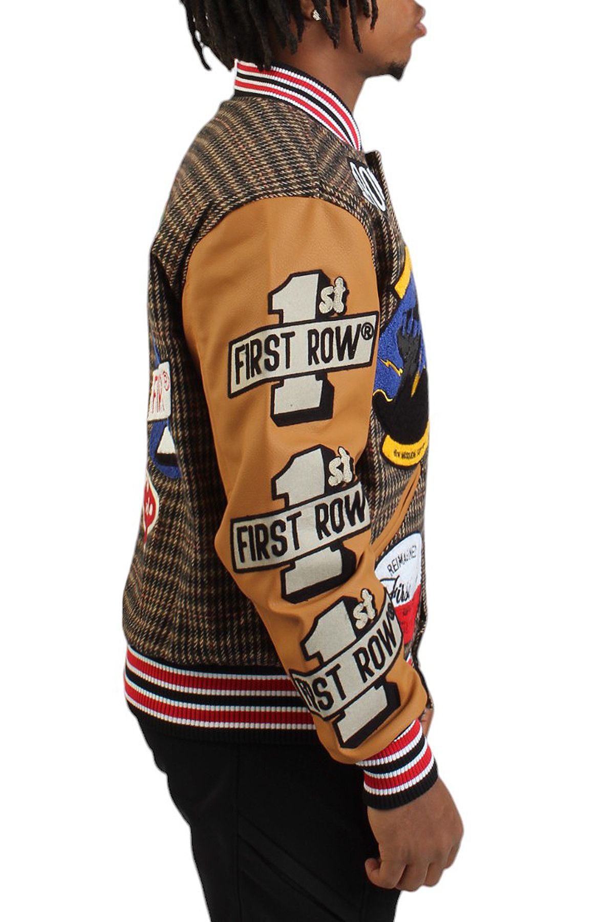FIRST ROW Houndstooth Varsity Jacket FRJ0075-BROWN - Shiekh
