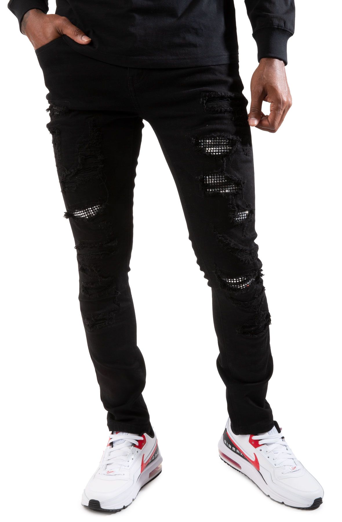FOREIGN LOCALS Rhinestone Ripped Jean FL-3300BLK - Shiekh