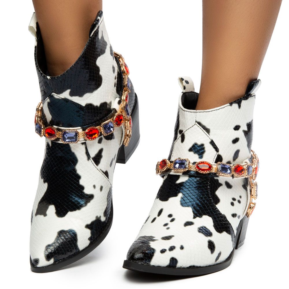 LILIANA Kaly-1 Cow Print and Gems Boots KALY-1-WHITE - Shiekh