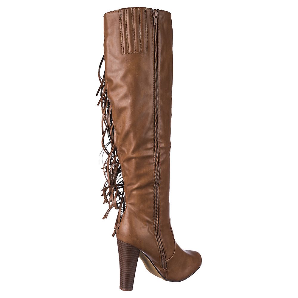 SHIEKH Women's Knee-High Leather Fringe Boot Apollo-3 APOLLO-3/COGNAC ...