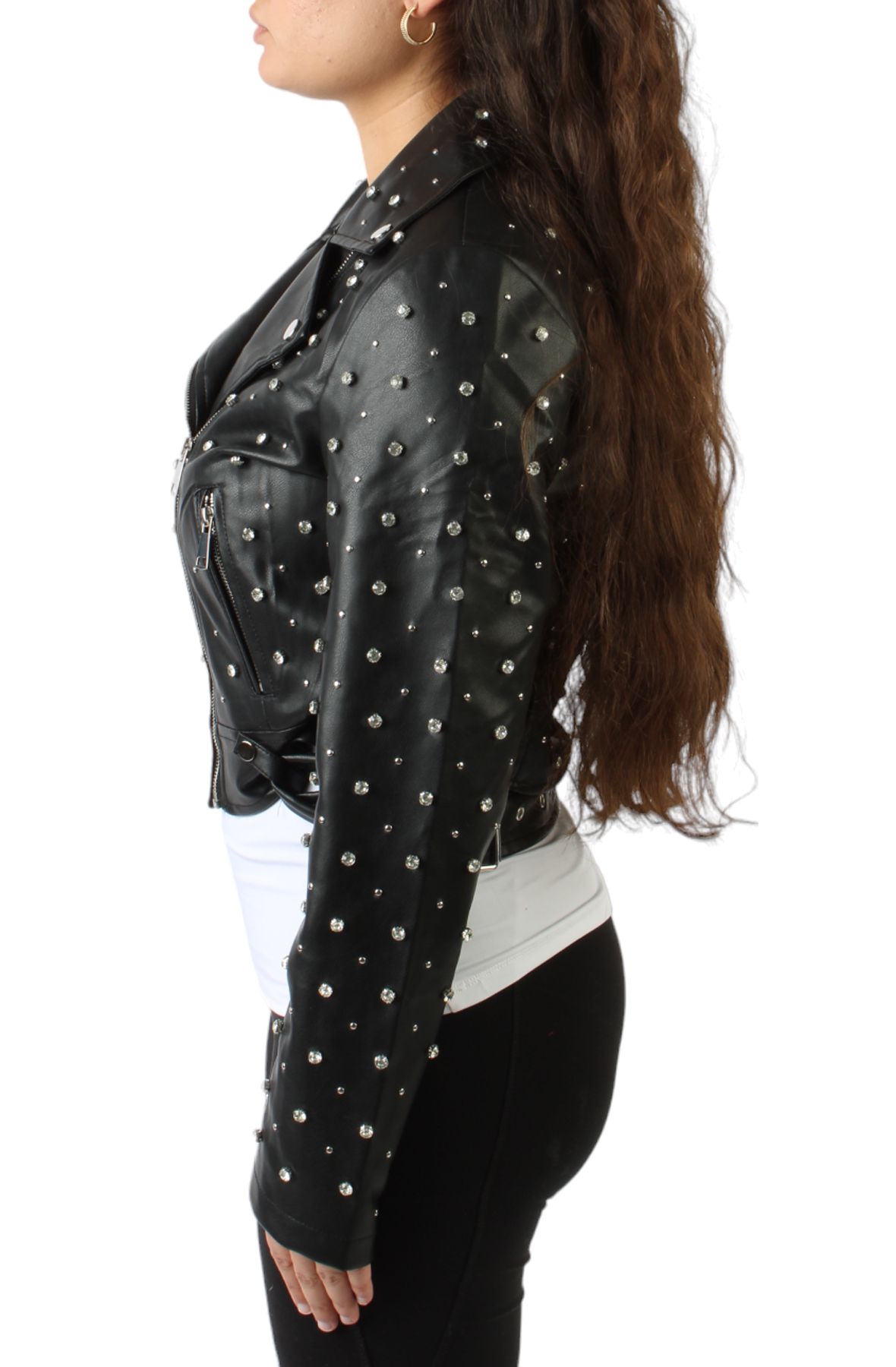 AZALEA WANG Leather Rhinestone Jacket WREN-BLK - Shiekh