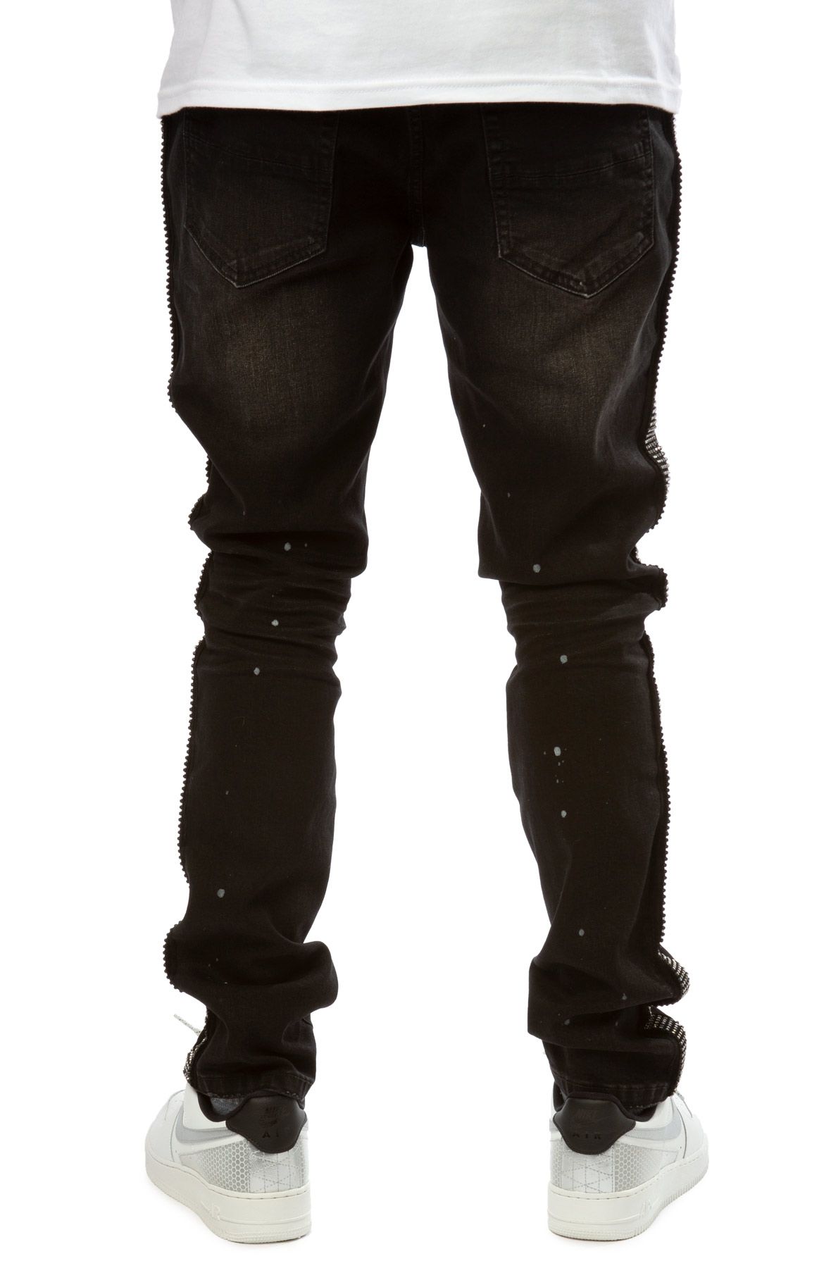 FOREIGN LOCALS Rhinestone Tape Distress Jeans FL3393-BLK - Shiekh