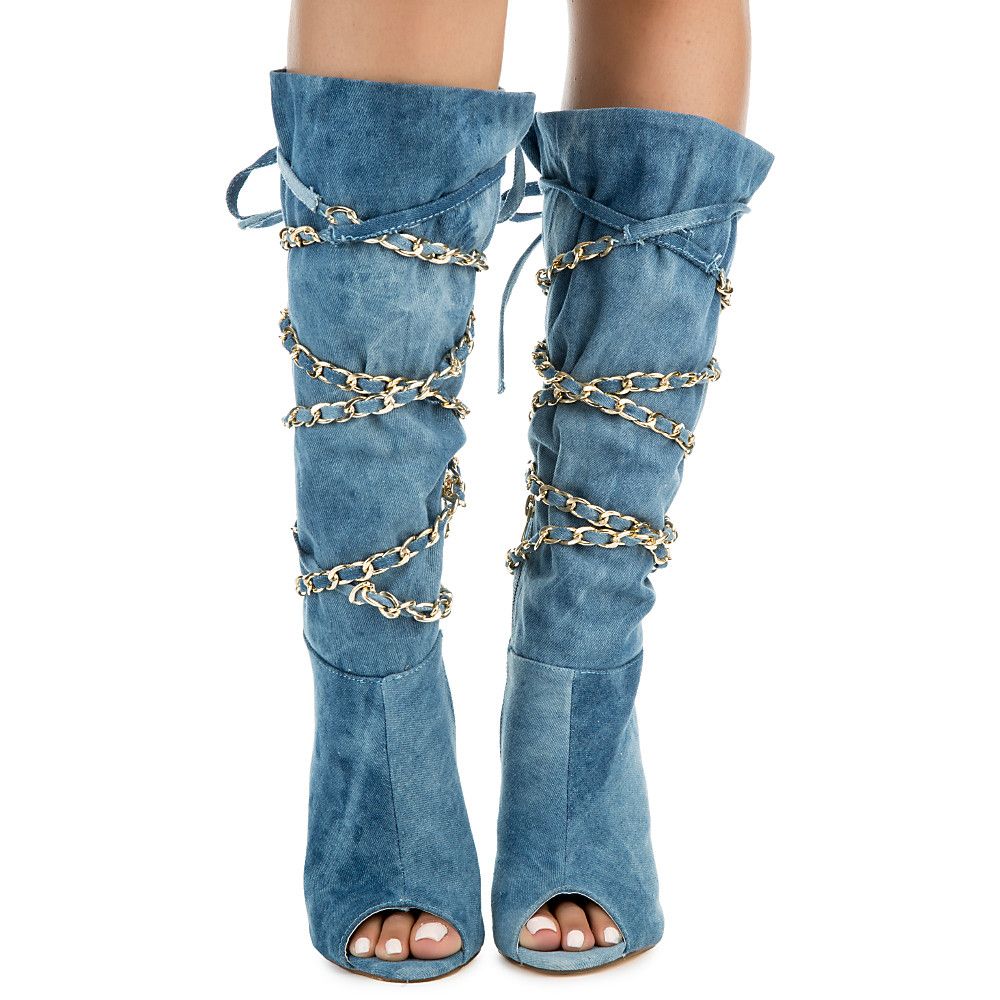 LILIANA Women's Denim Peep Toe Boot UNDERCOVER/WASHED DENIM - Shiekh