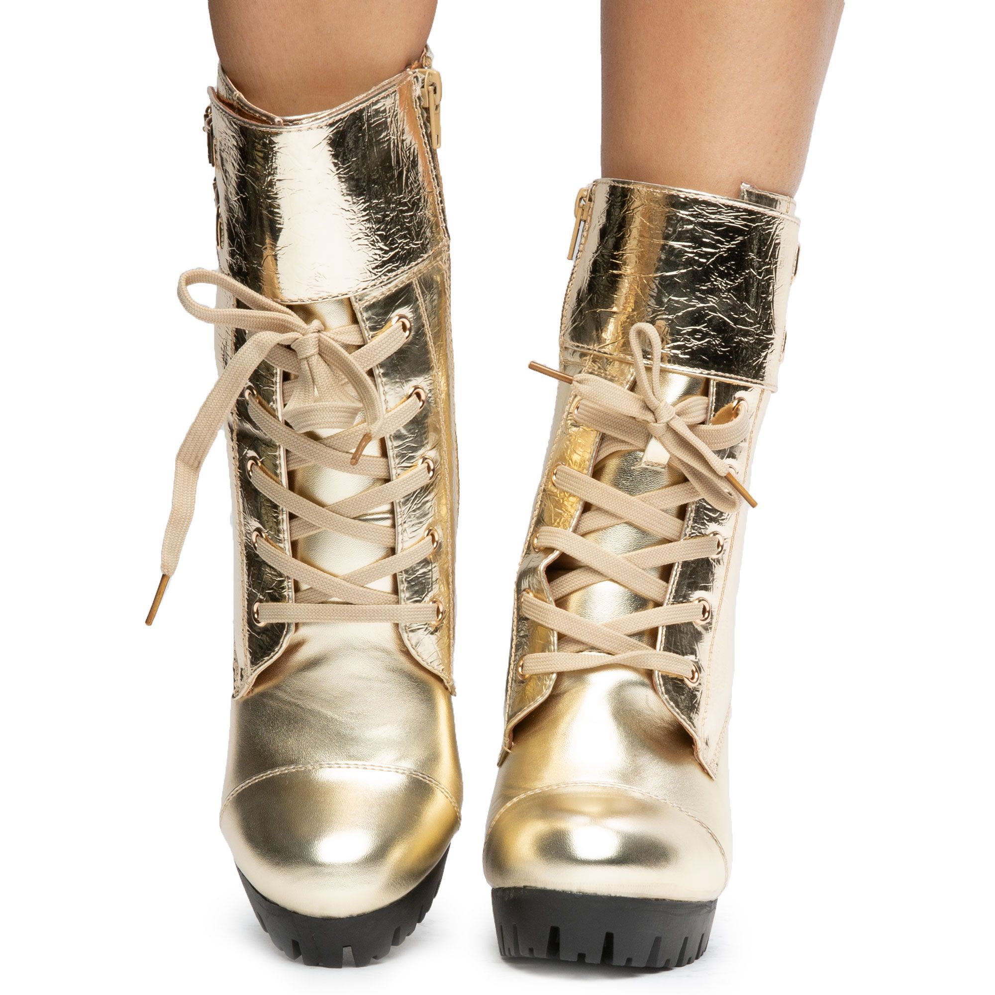 OCHO CORTEZ Vallarta-04 Combat Heel Booties VALLARTA-04-GOLD - Shiekh
