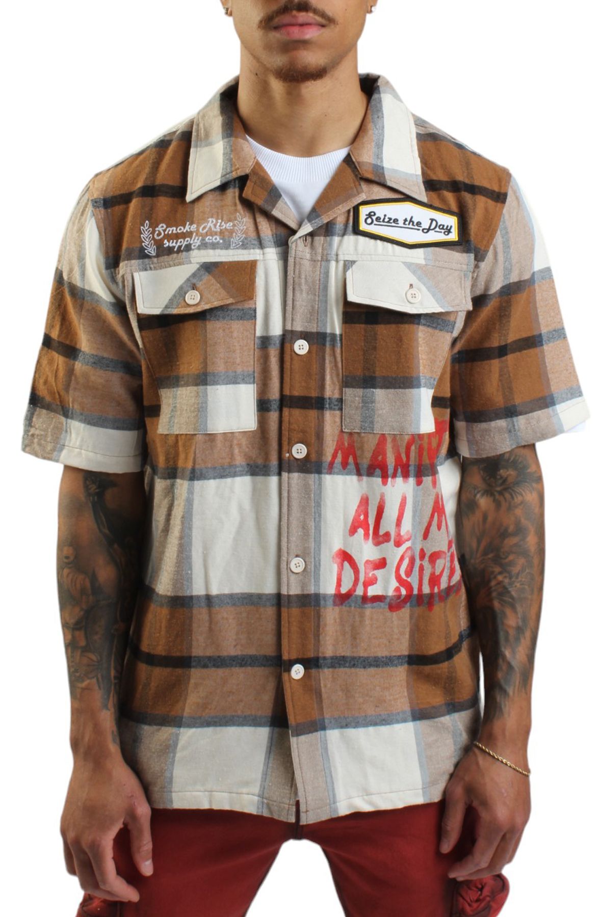 SMOKE RISE Plaid Graphic Shirt WH23292EB-RUST - Shiekh