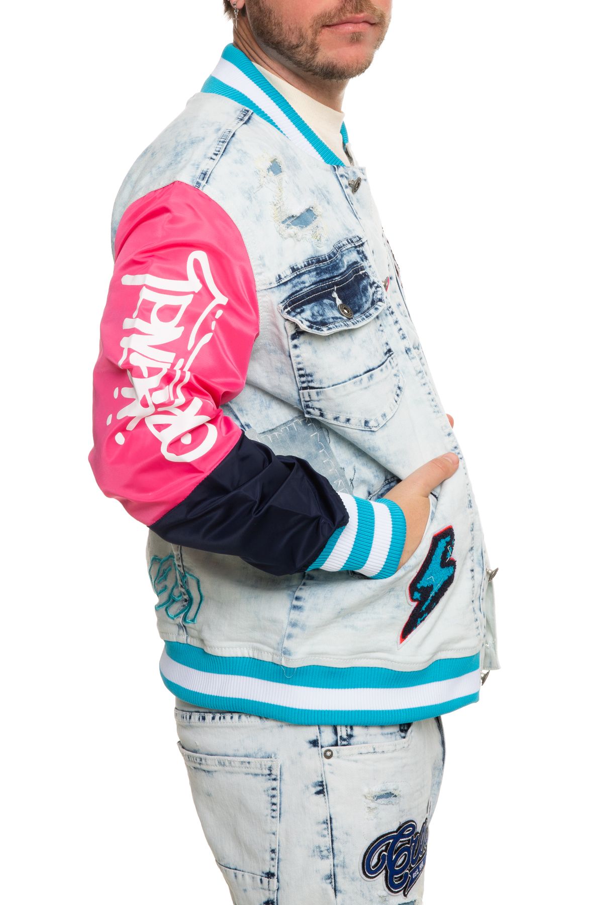 SMOKE RISE Denim Varsity Jacket JJ20124-ICLDBL - Shiekh