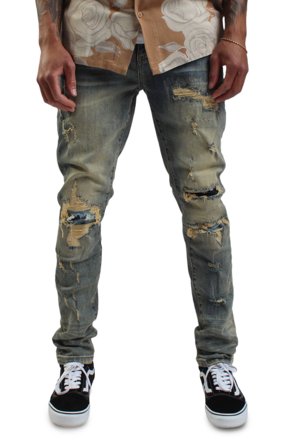 FOREIGN LOCALS Vintage Ripped Sand Jeans FL-190524 - Shiekh