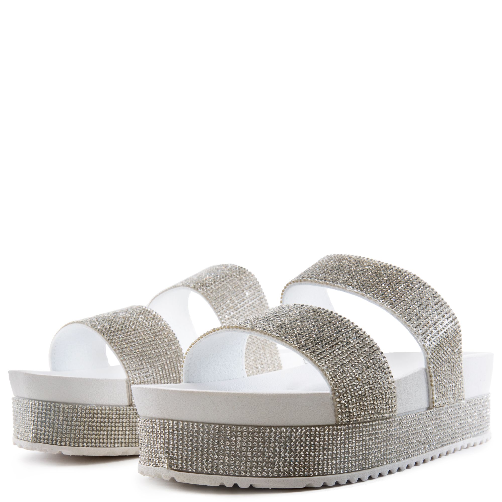 LILIANA Buffy-1 Rhinestone Band Platform Slides BUFFY-1-WHT - Shiekh