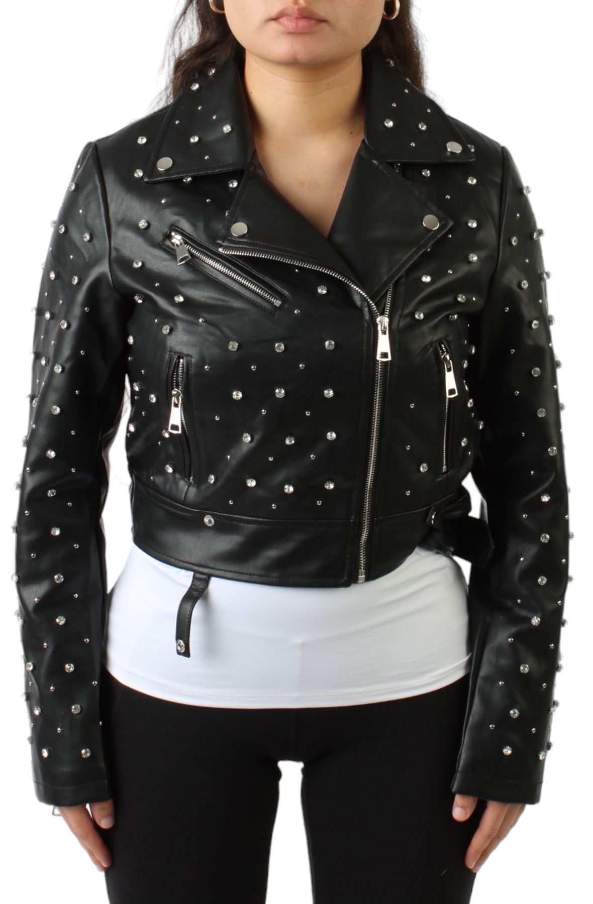 AZALEA WANG Leather Rhinestone Jacket WREN-BLK - Shiekh