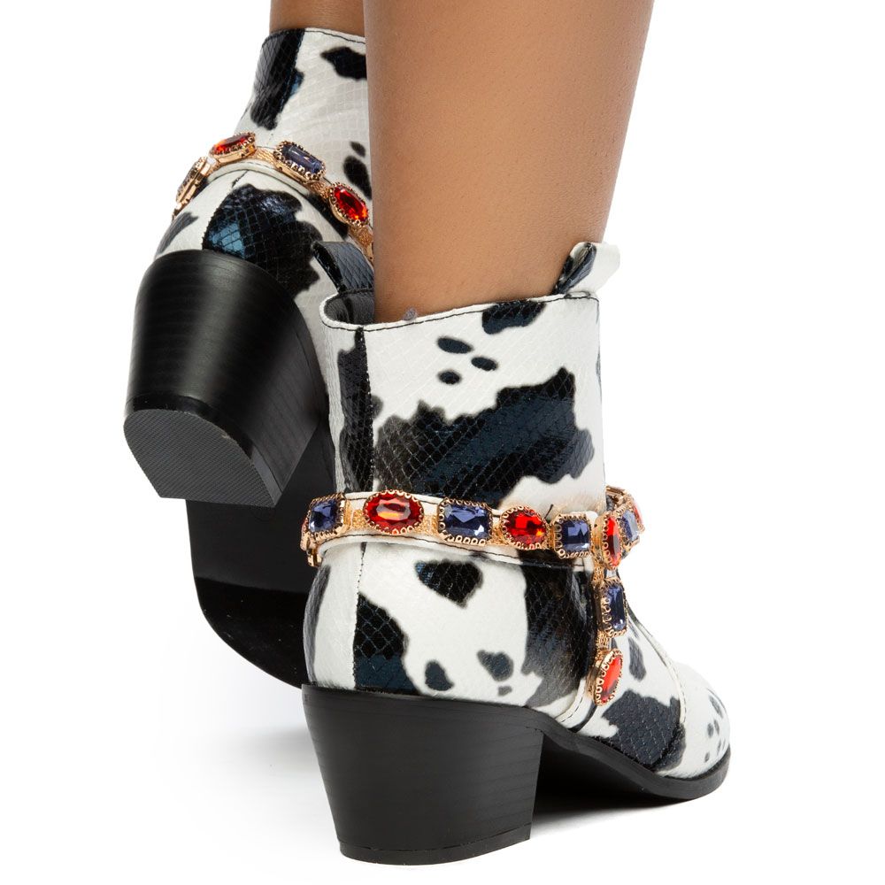 LILIANA Kaly-1 Cow Print and Gems Boots KALY-1-WHITE - Shiekh