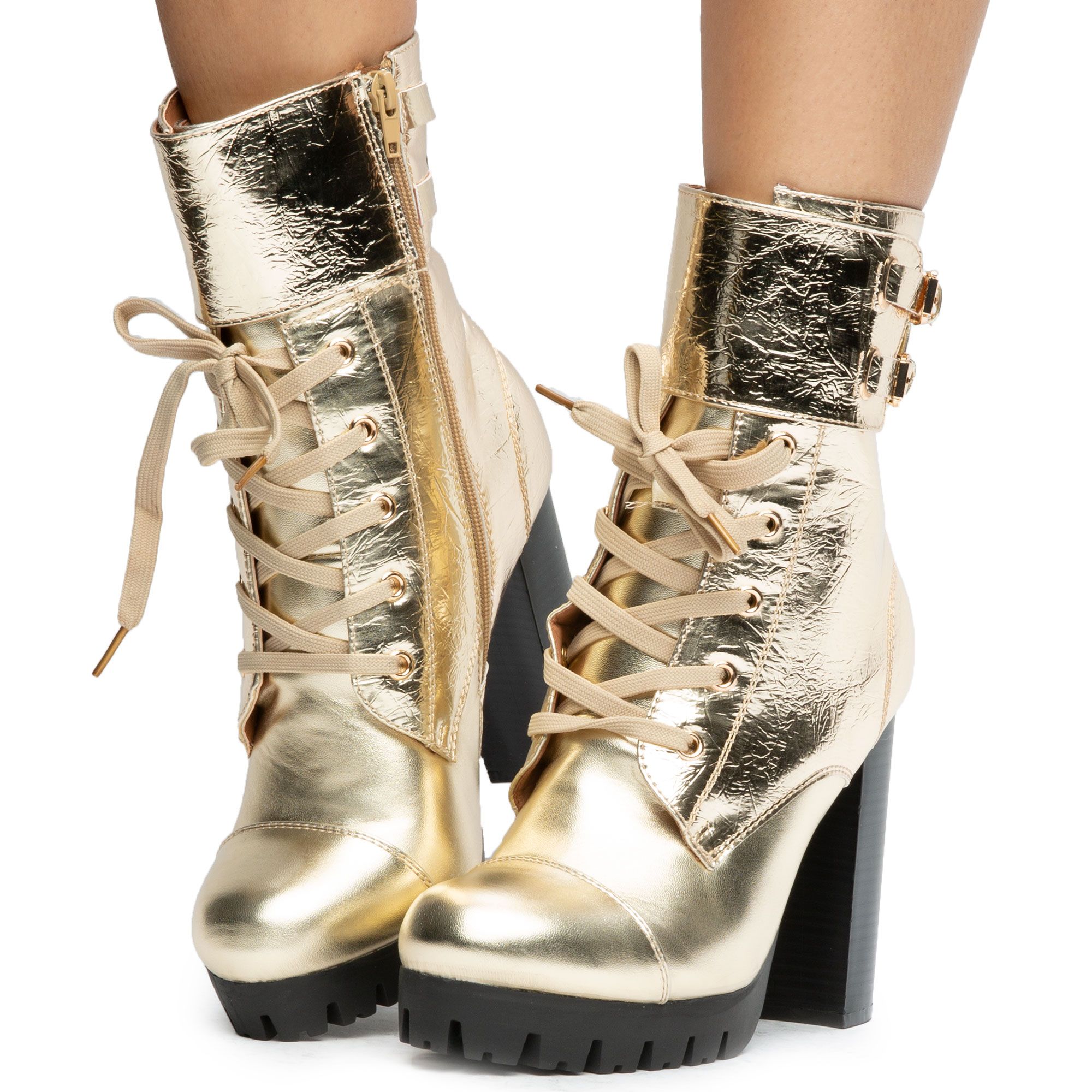 OCHO CORTEZ Vallarta-04 Combat Heel Booties VALLARTA-04-GOLD - Shiekh