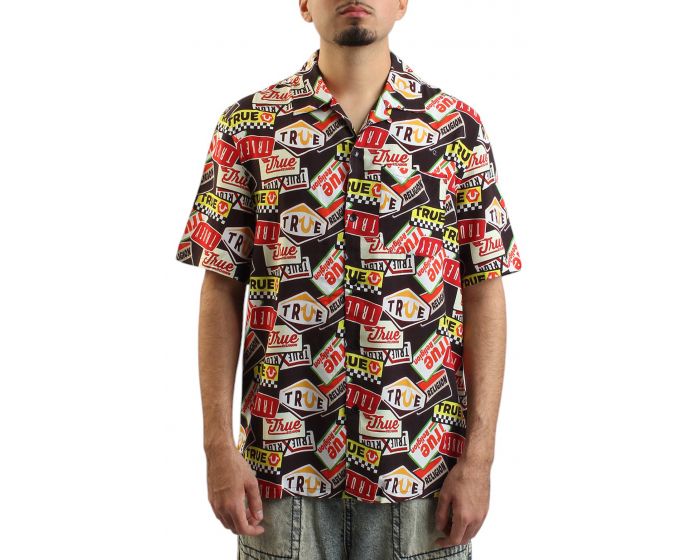 TRUE RELIGION Allover Vintage Logo Camp Collar Shirt 109396 TRUE RELIGION Allover Vintage Logo Camp Collar Shirt 109396