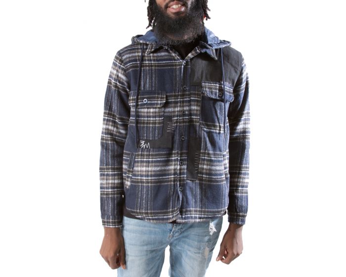 SMOKE RISE Timber Hooded Plaid Flannel WW21788-NAVY - Shiekh