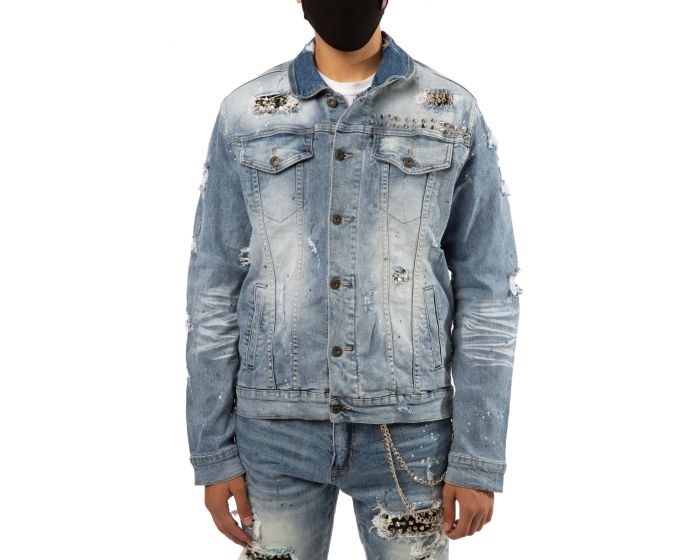 SMOKE RISE Studded Denim Jacket JJ20636HBLUE - Shiekh