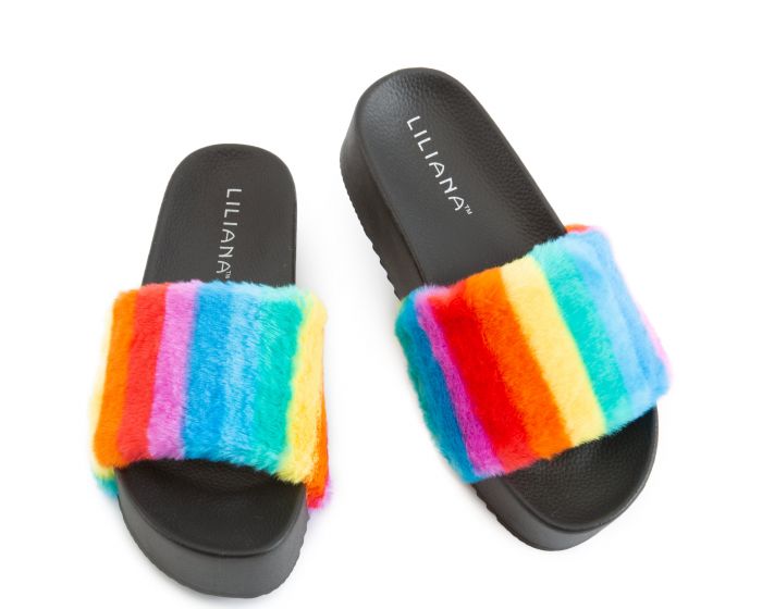 LILIANA Issy-2 Furry Platform Slides ISSY-2-RAINB - Shiekh