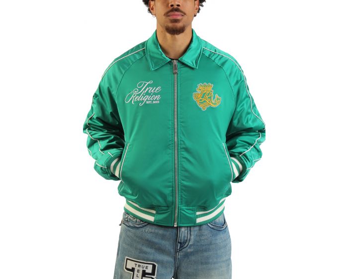 TRUE RELIGION Logo Crest Satin Retro Bomber Jacket 110175-3087 - Shiekh