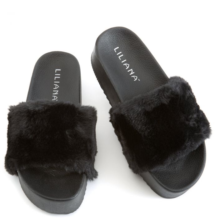 LILIANA Issy-2 Furry Platform Slides ISSY-2-BLK - Shiekh