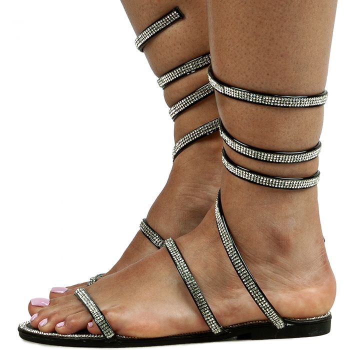 ELEGANT FOOTWEAR Rhinestone Flat Sandal HONEY-69-BLK - Shiekh