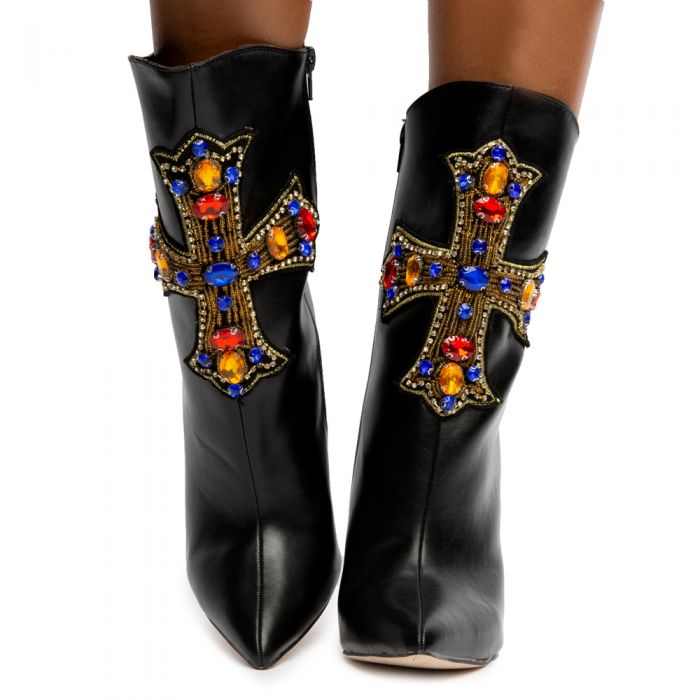 LILIANA Crossy-1 Pointy Toe Gem Cross Boots CROSSY-1-BLACK - Shiekh