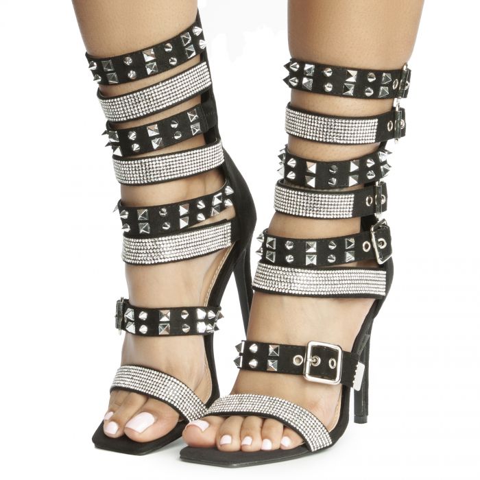 AZALEA WANG Trace Rhinestone Studded Strappy Heel TRACE-BLK - Shiekh