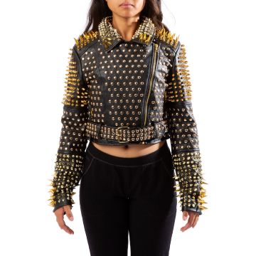 AZALEA WANG Lucifer Studded Crop Leather Jacket LUCIFER-GOLD-BLK-GLD ...